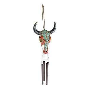 Ebros Gift Pack of 2 Rustic Western Faux Tooled Leather Ornate Bison Cow Skull with Turquoise and Ember Gems Decorative Wind Chimes Garden Patio Mobile Figurines Country Tribal Southwestern Accent