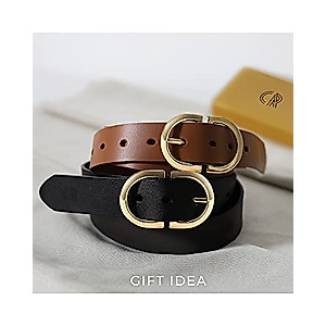 CR Womens Brown Leather Belts for Jeans Pants - 1.3" Width Casual Ladies Tan Belt - Fashion Center Bar Gold Buckle