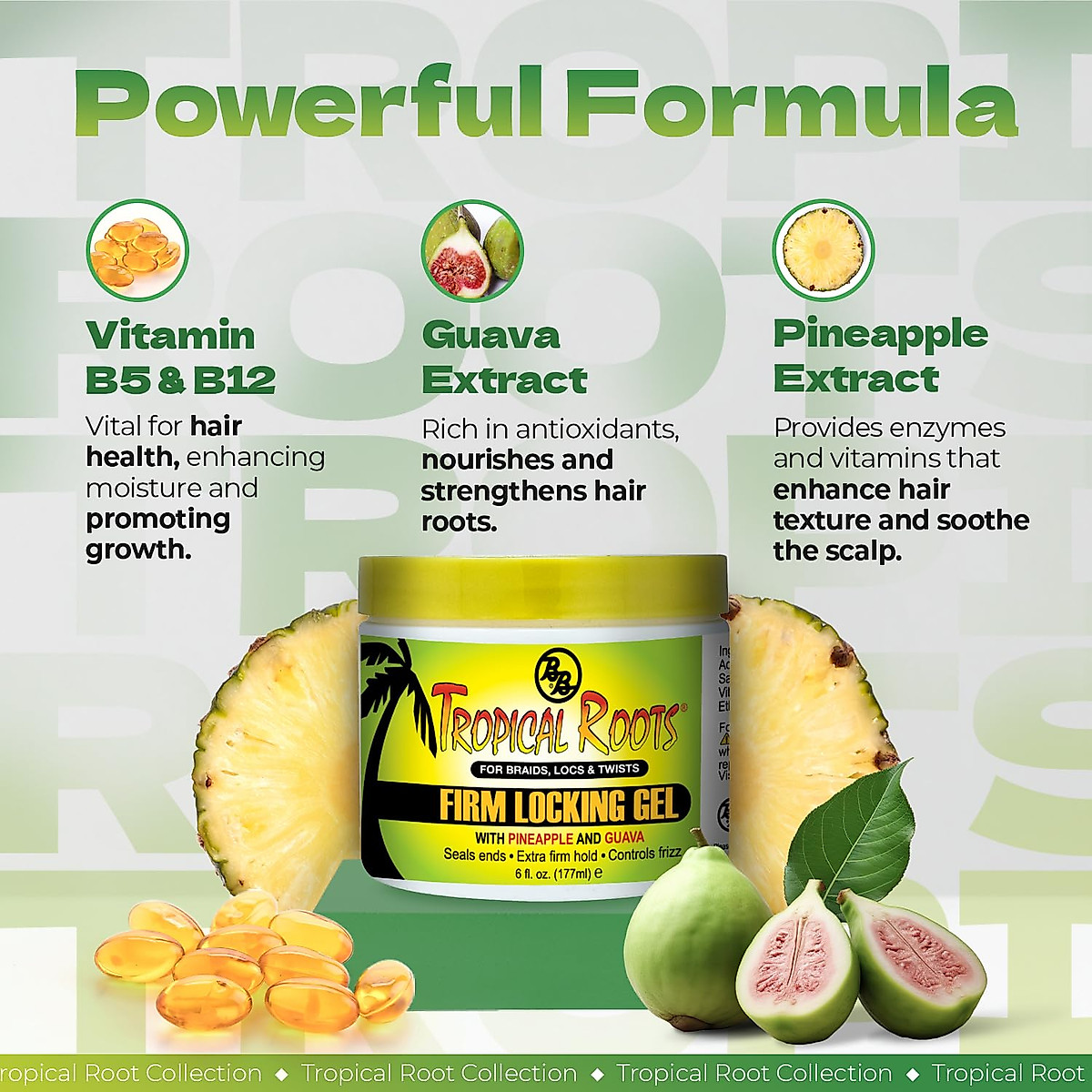 Bronner Bros Tropical Roots Firm Locking Gel - Loc & Twist Gel Ideal for Braids, Twists & Locs with Pineapple & Guava Extracts, Vitamins B5 & B12 - Strong Hold, Non-Flaking, Moisture & Shine - 6oz