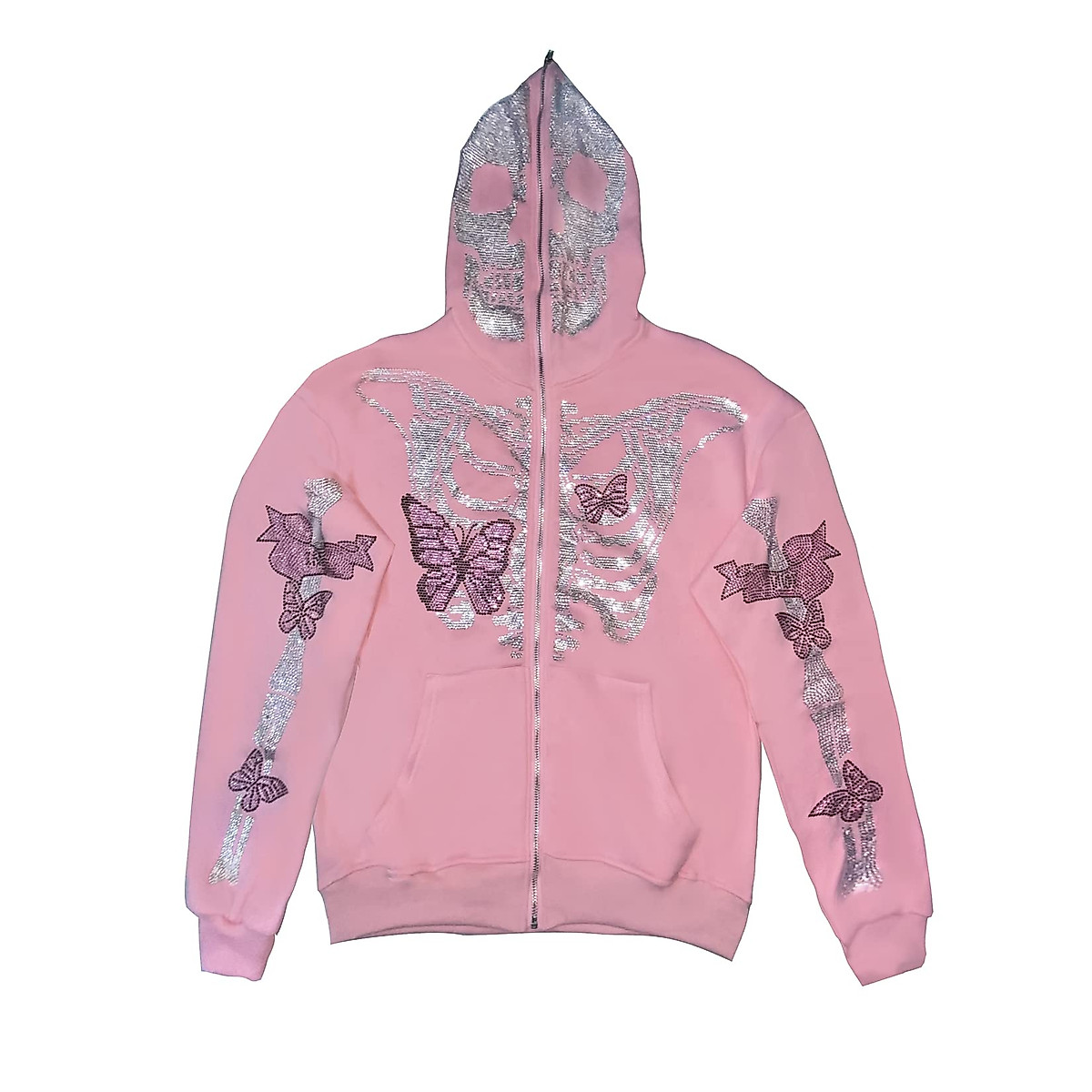 iTranyee Unisex Adult Y2k Rhinestone Skeleton Zipper Hoodies Punk Sparkly Oversized Hooded Sweatshirt Goth Loose Jacket (Pink, S)