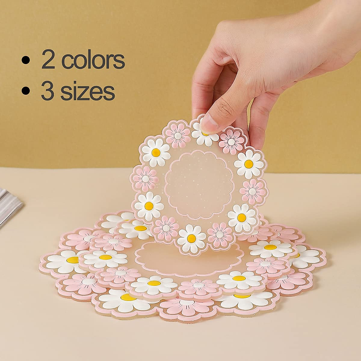 Silicone Round Placemats Set of 3, Daisy Flower Shape Heat Resistant Trivets Pot Holder Mats, Cup Potholders, Pot Holders, Non-Slip Insulation Hot Pads for Kitchen (Pink)