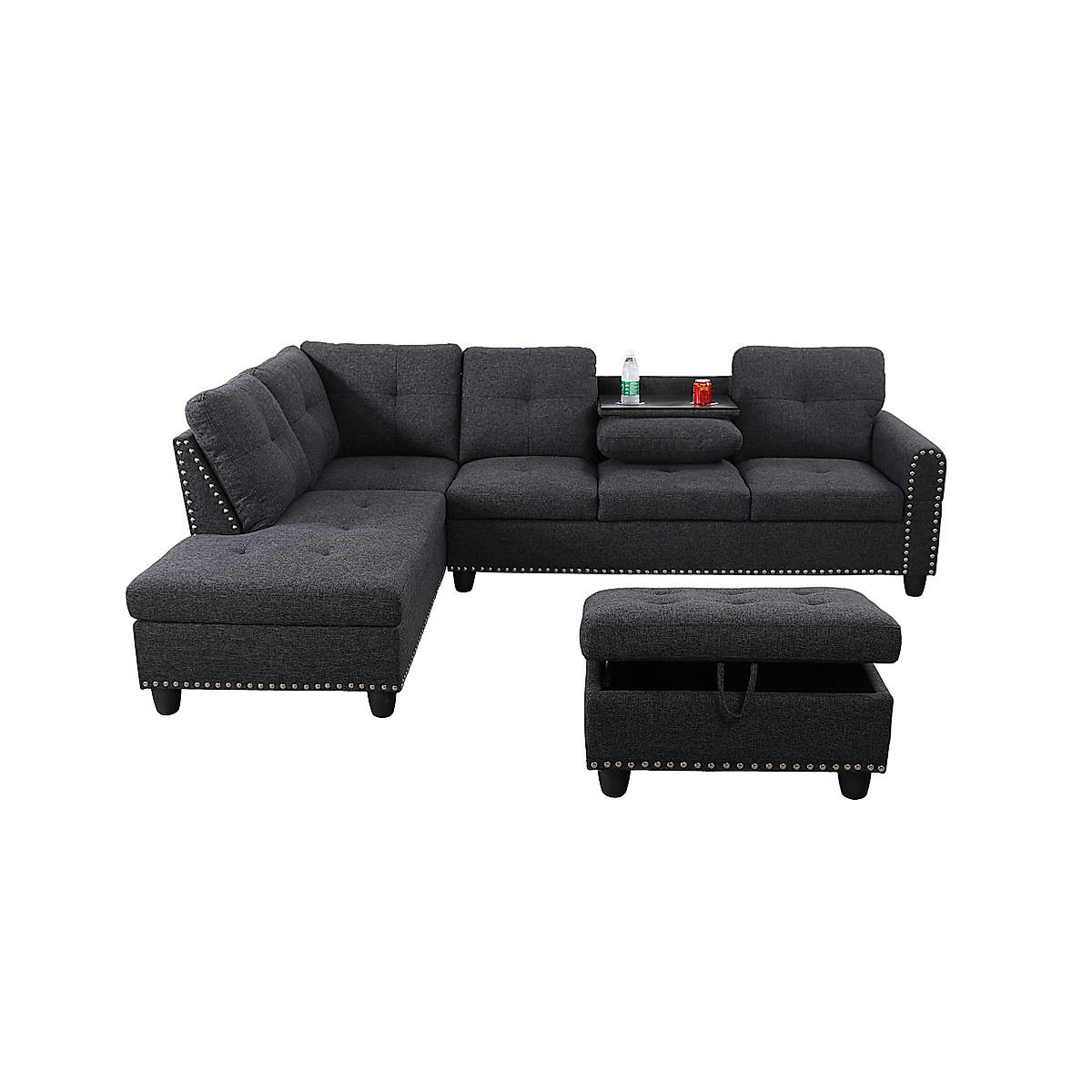 Star Home Living Sectional w/Ottoman Sofas, 97.2" W x 69.3" D x 32.3" H, Black Grey