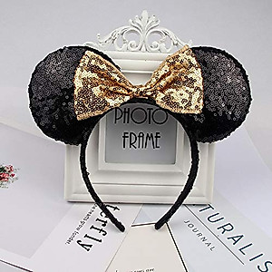A Miaow Sequin Black Mouse Ears Headband MM Glitter Hair Clasp Adults Women Butterfly Hair Hoop Birthday Party Holiday Park Photo Supply (Black and Golden)