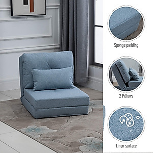 HOMCOM Convertible Flip Chair, Floor Lazy Sofa, Folding Upholstered Couch Bed with Adjustable Backrest, Metal Frame and Pillows for Living Room Bedroom, Blue