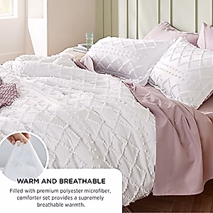Bedsure Boho Comforter Set Queen - White Tufted Shabby Chic Bedding Comforter Set for All Seasons, 3 Pieces Western Comforter Set, Farmhouse Modern Bed Set, Spring Bedding for Women Men Girls