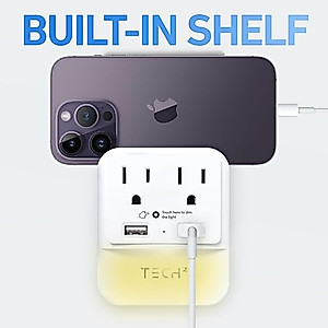 Tech2 Surge Protector with Night Light, 2 Outlet Power Strip with 2 (Smart 2.4A Total) USB-A and C Ports Adapter for Home, School, or Office