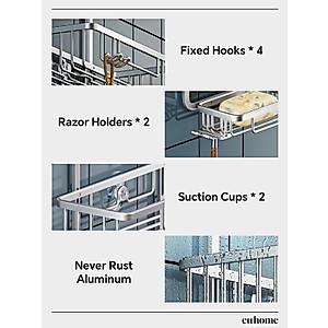 Adjustable Shower Caddy Hanging, EUHOME Never Rust Shower Organizer, Aluminum 3-Tier Large Capacity Shower Caddy Over Showerhead with Hooks, Soap/Razor Holder
