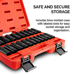 NEIKO 02431A 3/8” Drive SAE and Metric Deep Impact Socket Set | 21 Pieces | SAE 5/16” to 3/4” | Metric 7mm to 19mm | Premium Cr-V Steel | 6-Point Hex Design | Corrosion Resistant Coating
