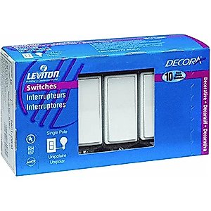 Leviton 5601-2WM 15 Amp, 120/277 Volt, Decora Rocker Single-Pole AC Quiet Switch, Residential Grade, Grounding, 10-Pack, White