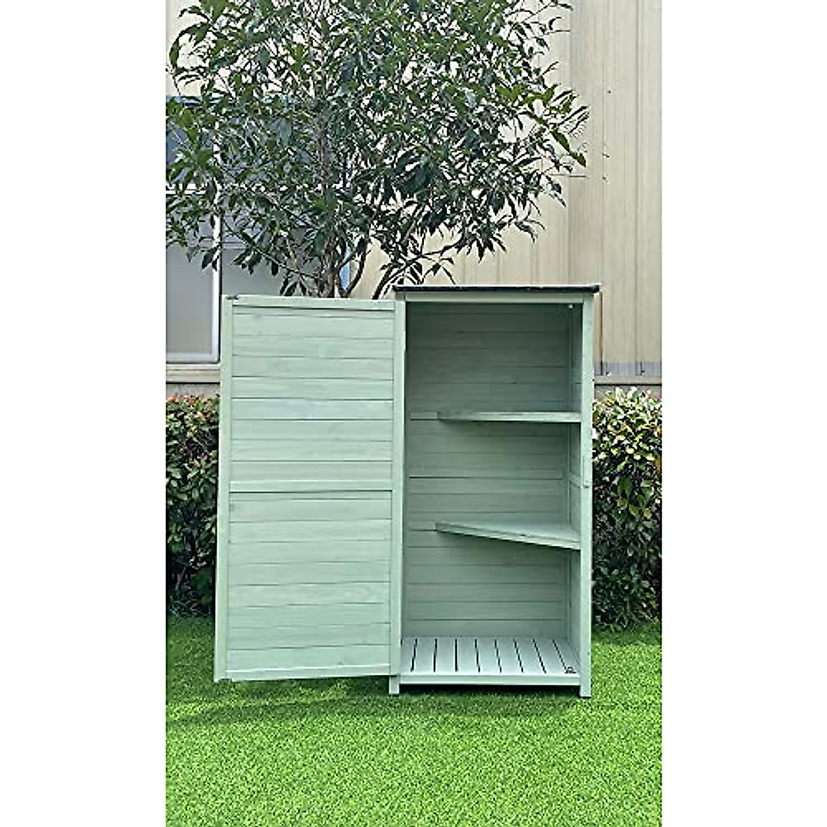 Hanover Vertical Green Wooden Shed with Shelves and Sloped Waterproof Roof with 7-Cu.Ft Storage Space (1.7'x2.25'x4.7'), Outdoor Storage Unit for Organizing Garden Supplies, Patio Accessories & Tools