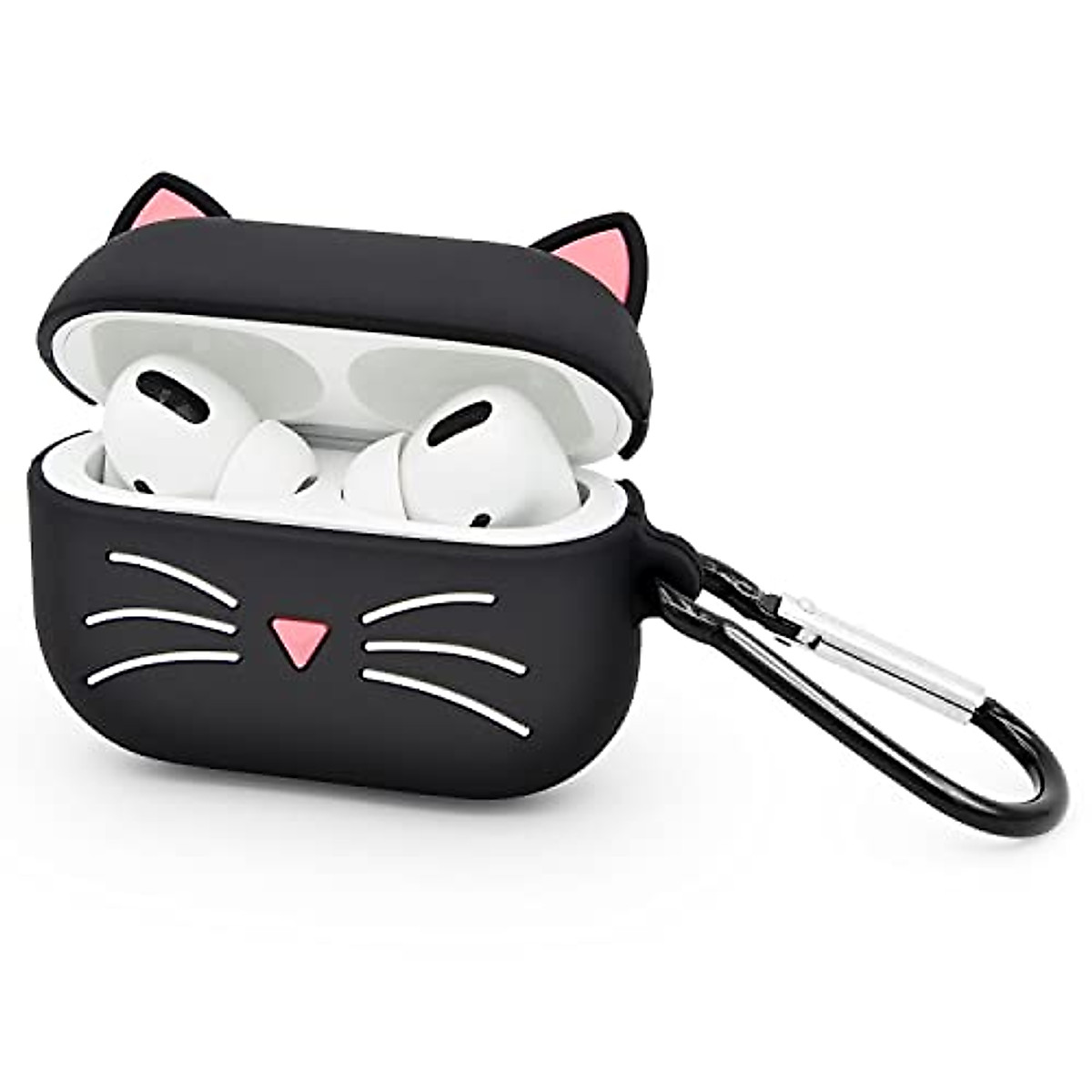 YONOCOSTA Cute Airpods Pro Case, Black Whisker Cat Kitty Funny 3D Cartoon Animals Full Protection Shockproof Soft Silicone Charging Case Cover Skin with Carabiner for Kids Girls Women Children