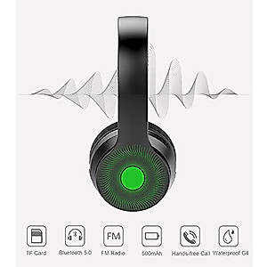 LOBKIN Bluetooth Foldable Headband Microphone &Audio Cable,Hi-Fi Stereo Wireless Headset,Noice Cancelling Soft Earmuffs,TF Card MP3,FM Radios Headphones for Online Class/iPhone/iPad/PC (Green)