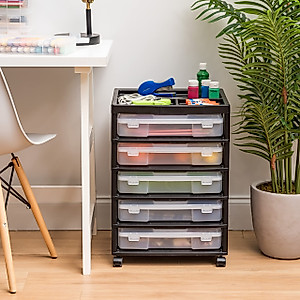 IRIS USA 5 Drawers Scrapbook Plastic Rolling Storage Cart with Organizer Top with Casters,Black
