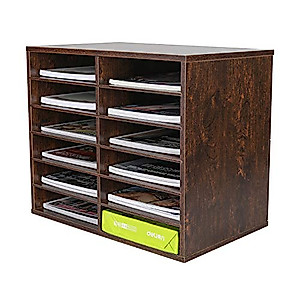 PAG Wood Desktop Literature Organizer Adjustable File Sorter Mail Center Magazine Holder Paper Storage Cabinet Classroom Keepers Mailbox for Office Home School, 12 Compartments, Brown