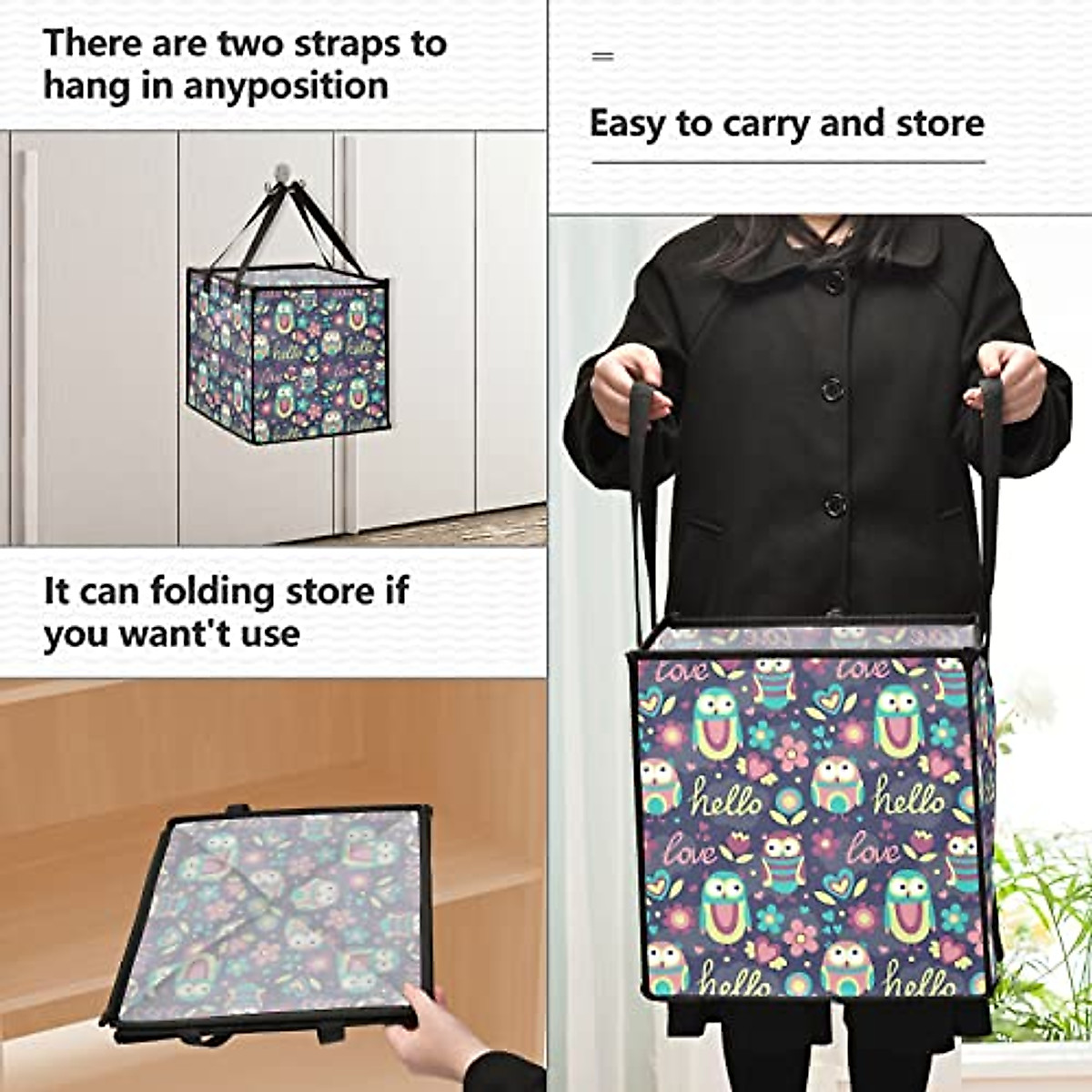 Kigai Owl Cube Storage Bins, 13x13x13inch Collapsible Fabric Storage Cubes Organizer with Handles Decorative Storage Baskets for Home, Shelf, Closet