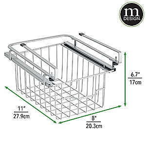 mDesign Metal Wire Extra Small Hanging Basket Pullout Drawer w/Handle; Sliding Under Shelf Storage Organizer Rack for Kitchen, Cabinet, Pantry; Attaches to Shelves, Easy Install - 2 Pack - Silver