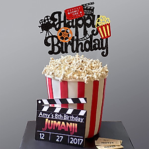 1 PCS Movie Night Cake Topper Happy Birthday Sign Cake Pick Decorations for Theater Video Recorder Roll Camera Popcorn Hollywood Theme Family Film Baby Shower Birthday Party Supplies