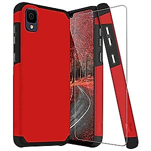 TJS for Alcatel TCL 30 Z T602DL Case, TCL 30 LE Case, with Tempered Glass Screen Protector, Dual Layer Hybrid Shockproof Drop Protection Impact Phone Case Cover for TCL 30Z / TCL 30LE (Red)