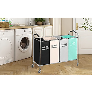 Laundry Basket Sorter Cart,Laundry Hamper Sorter Baskets with Large Removable Bags and Lockable Rolling Wheels,for Laundry Room Organization and Storage,40 X 16 X 30 inches (4 Section-Green)
