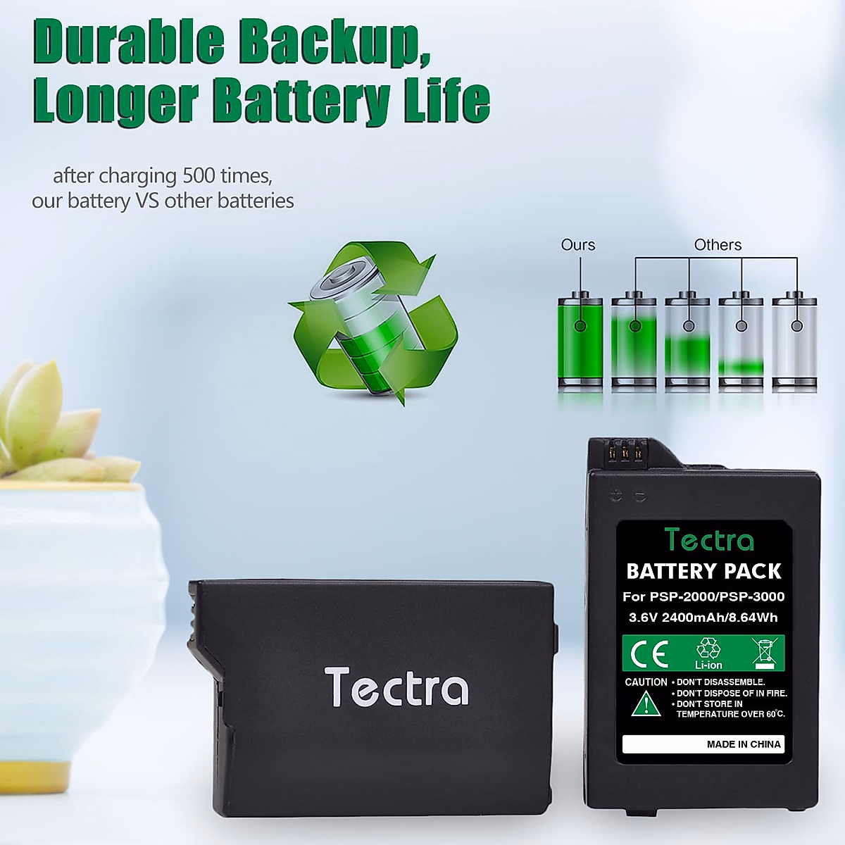 Tectra PSP 2000 Battery, 2400mAh 3.6V Rechargeable Battery Replacement for Sony PSP 3000 / PSP Slim 2000, PSP-2001, PSP-3000, PSP-3001, PSP-3002, PSP-3004, PSP-S110 Console