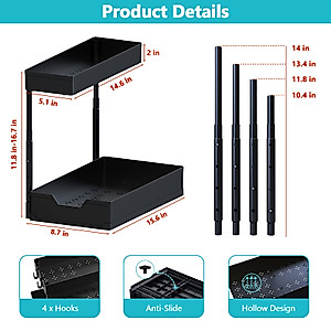 PUWEER 2 Pack Pull-out Under Sink Organizers and Storage, Under Kitchen Bathroom Cabinet Organizer with Hooks, Adjustable Height Multi-purpose Under Sink Shelf Organizer