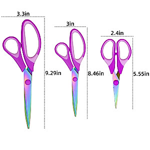 Craft Scissors Set of 3 Pack Stainless Steel Titanium Coating Sewing Scissors Multipurpose Fabric Scissors Rubber Soft Grip Handle Sharp Titanium Blades Shears Great for Office Home School (Purple)
