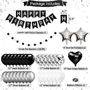 Black and White Birthday Party Decorations,Happy Birthday Decorations for Men Women Boys Girls Including Happy Birthday Banner,Fringe Curtains,Pompom Flower,Black and silver party decorations