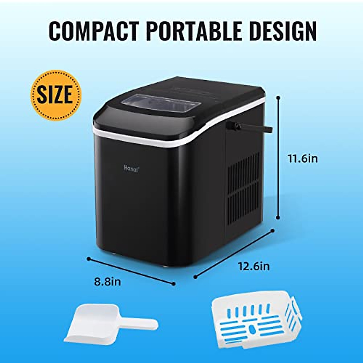 WANAI Ice Makers Countertop Portable Ice Machine 9 Ice Cubesin 7-8 Mins, 26lbs/24H, Self-Cleaning Electric Ice Making Machine with Ice Scoop and Basket L&S Bullet Sizes for Home Office Bar Party