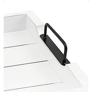 AuldHome Rustic Wood Serving Tray; White Wooden Farmhouse Shiplap Decorative Ottoman Tray with Black Metal Handles, 17 x 13 Inches
