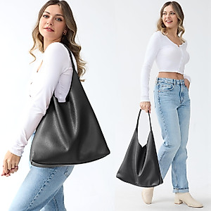 Hobo Bags for Women Soft Vegan Leather Shoulder Handbag Slouchy Tote Purses (Black)