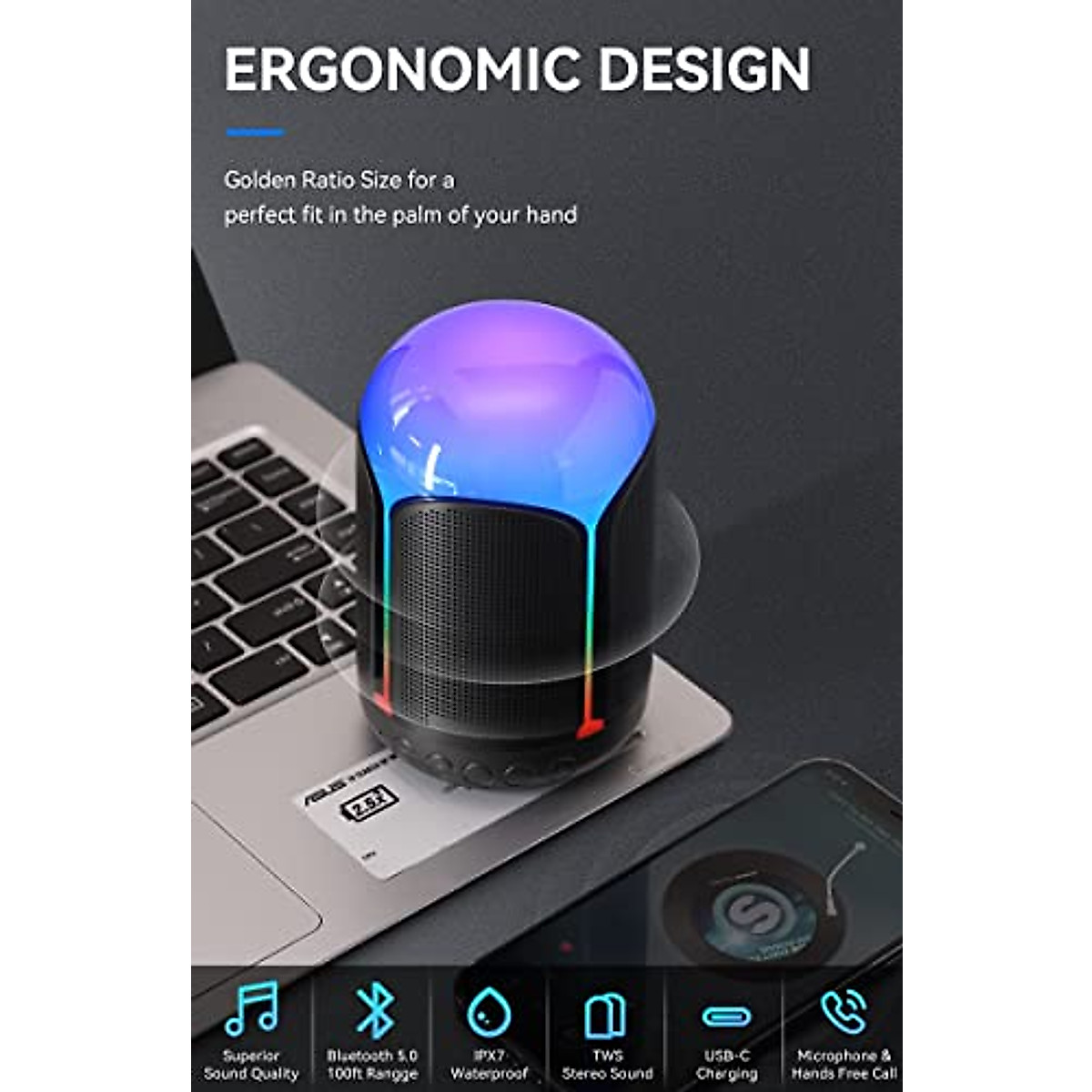 soundynamic Vibe Portable Bluetooth Speaker, Wireless Speaker with RGB LED Light, IPX7 Waterproof, TWS Pairing, Stereo Sound, Stronger Bass, APP Control, Bluetooth 5.0 for Party Beach Outdoor - Black