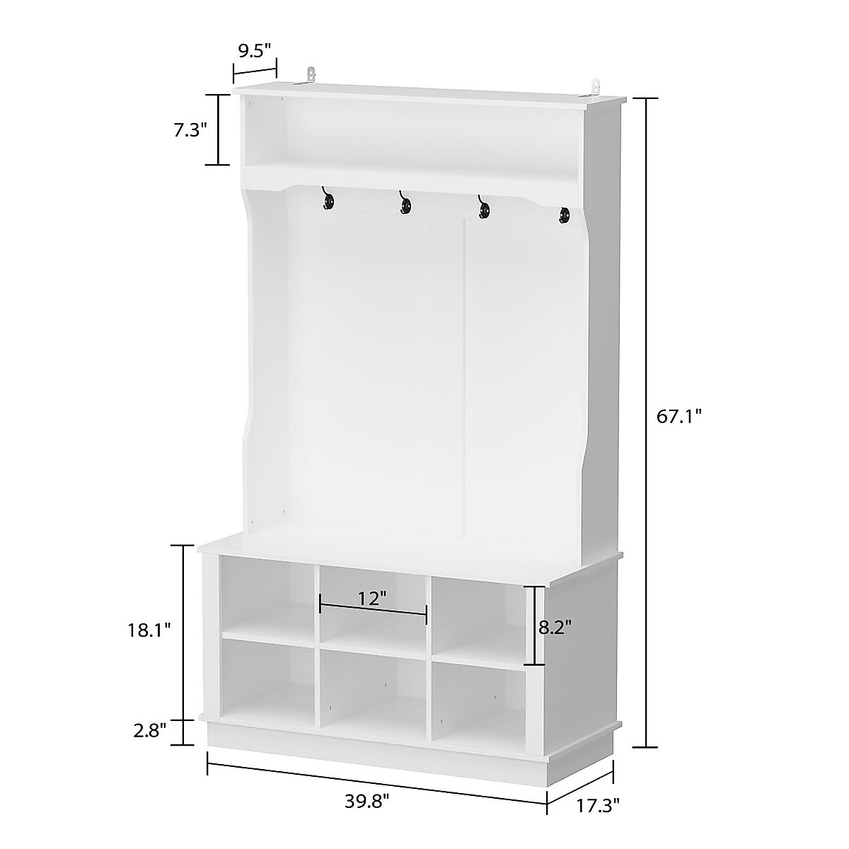 AIEGLE Entryway Hall Tree with Shoe Bench, 3-in-1 Hallway Hall Tree with Coat Rack, 6 Shoe Storage Cubes and 4 Hanging Hooks, White (39.8" L x 17.3" W x 67.1" H)