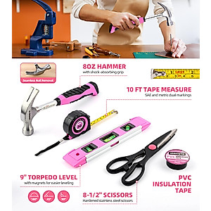 URASISTO Pink Household Tool Set with 3.6V USB Electric Screwdriver, 136 PCS Home Tool Kit with Cordless Lithium-ion Drill Driver, Hand Tool Kits for Women