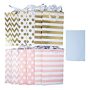Paper Favor Gift Bags for All Events & Parties w/Satin Ribbon Handles + Decorative Tissue Paper, 12 Count (Pink, Gold Mylar)