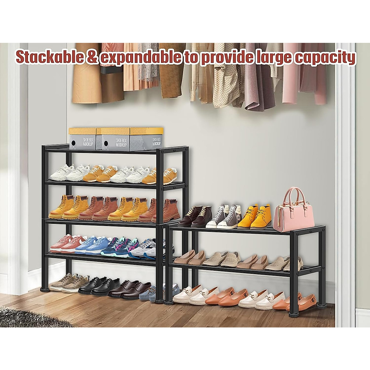 KEETDY Heavy Duty Shoe Rack for Closet Entryway, Stackable Shoe Organizer for Small Space Metal Shoe Rack Shelf Storage for Bedroom, Floor, Outdoor (Black)