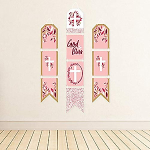 Big Dot of Happiness Pink Elegant Cross - Hanging Vertical Paper Door Banners - Girl Religious Party Wall Decoration Kit - Indoor Door Decor