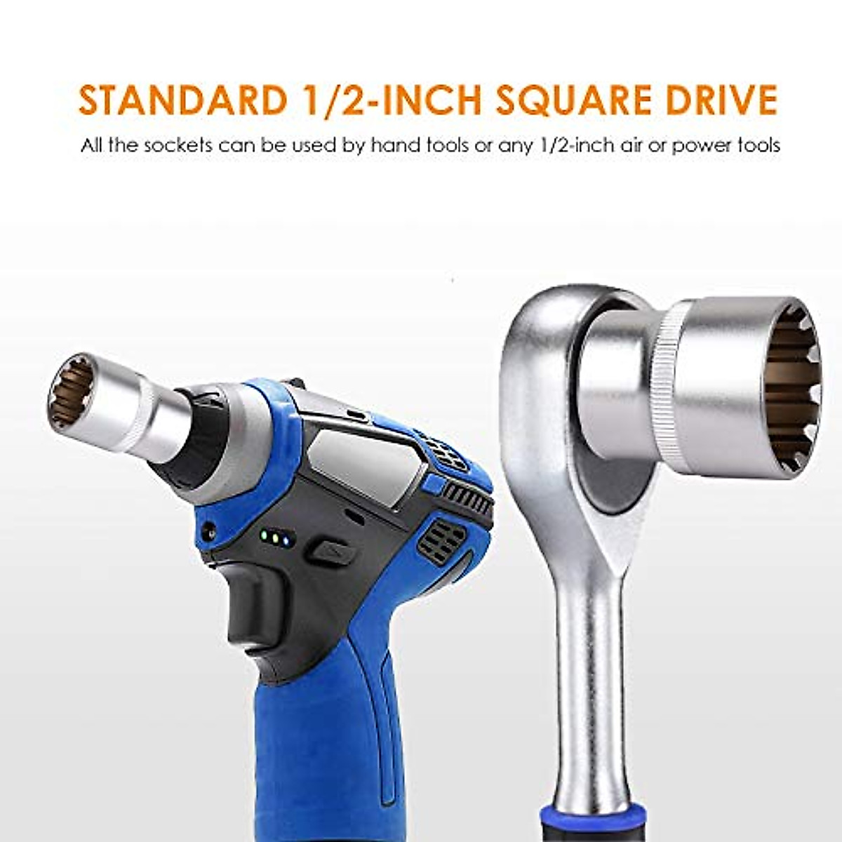 THINKWORK 1/2 Inch Drive Universal Spline Socket Set, Works with SAE, Metric, Partially Rounded, 6 pt, 12 pt, Square and E-TORX, Cr-V steel