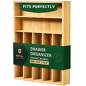ROYAL CRAFT WOOD Luxury Bamboo Kitchen Drawer Organizer - Silverware Organizer and Cutlery Tray with Grooved Drawer Dividers for Flatware and Kitchen Utensils (7 Slot, Natural)