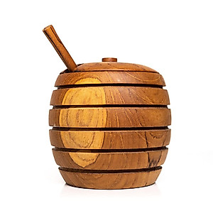 Rainforest Bowls Javanese Teak Wood Honey Jar w/Dipper Set- Ideal for Storing Honey, Jam & Syrups- Ultra-Durable- Premium Wooden Honey Jar Handcrafted by Indonesian Artisans