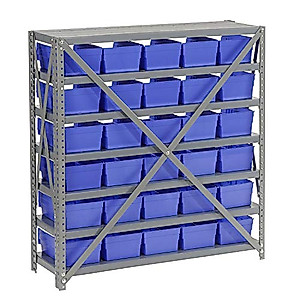Global Industrial 7 Shelf Steel Shelving with (30) 4" H Plastic Shelf Bins, Blue, 36x12x39