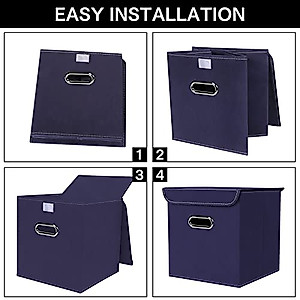 NieEnjoy Closet Organizers Fabric Storage Cube Bins with Lids collapsible storage bins basket with Handles ,Storage Boxes for Organizing,3 Pack (Navy Blue)