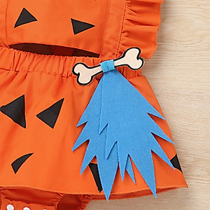 IBAKOM Baby Girl Romper Dress Toddler Cake Smash Outfit First Birthday Outfit Bubble Bodysuit One Piece Cavegirl Easter Clothes Baptism Halloween Christmas Onesie Orange-Dress (2PCS) 18-24 Months