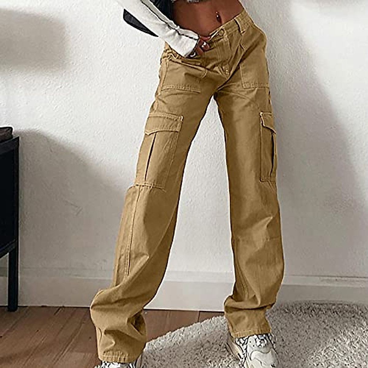 Akklian Cargo Pants for Women Y2K Streetwear Multiple Pockets Combat Military Trousers Solid Color Casual Pants