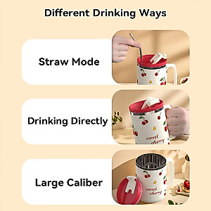 Maiyuansu Cherry Print Stainless Steel Tumbler with Handle Insulated Coffee Cup with Hadle and Lid Portable Travel Mug Water Bottle Double Wall Insulation