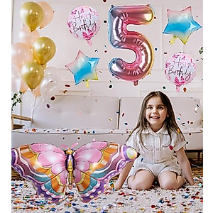 Butterfly Balloons 5th Birthday Decorations for Girls, Butterfly Birthday Party Supplies Fairy Pink Princess Groovy Party Supplies Favors Anniversary Decor, 32 Inch Gradient Balloon Number 5