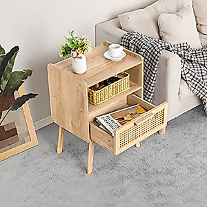 Lerliuo Rattan Nightstand, Boho Side Table with Drawer Open Shelf, Cane Accent Bedside End Table with Solid Wood Legs for Bedroom, Dorm and Small Spaces