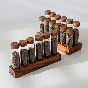 watchget 6-Piece Single Dose Coffee Bean Storage Kit with Walnut Wood Base, Glass Vials & Funnel - Airtight Dosing Canisters for Barista Home Brewing, 6 Tubes