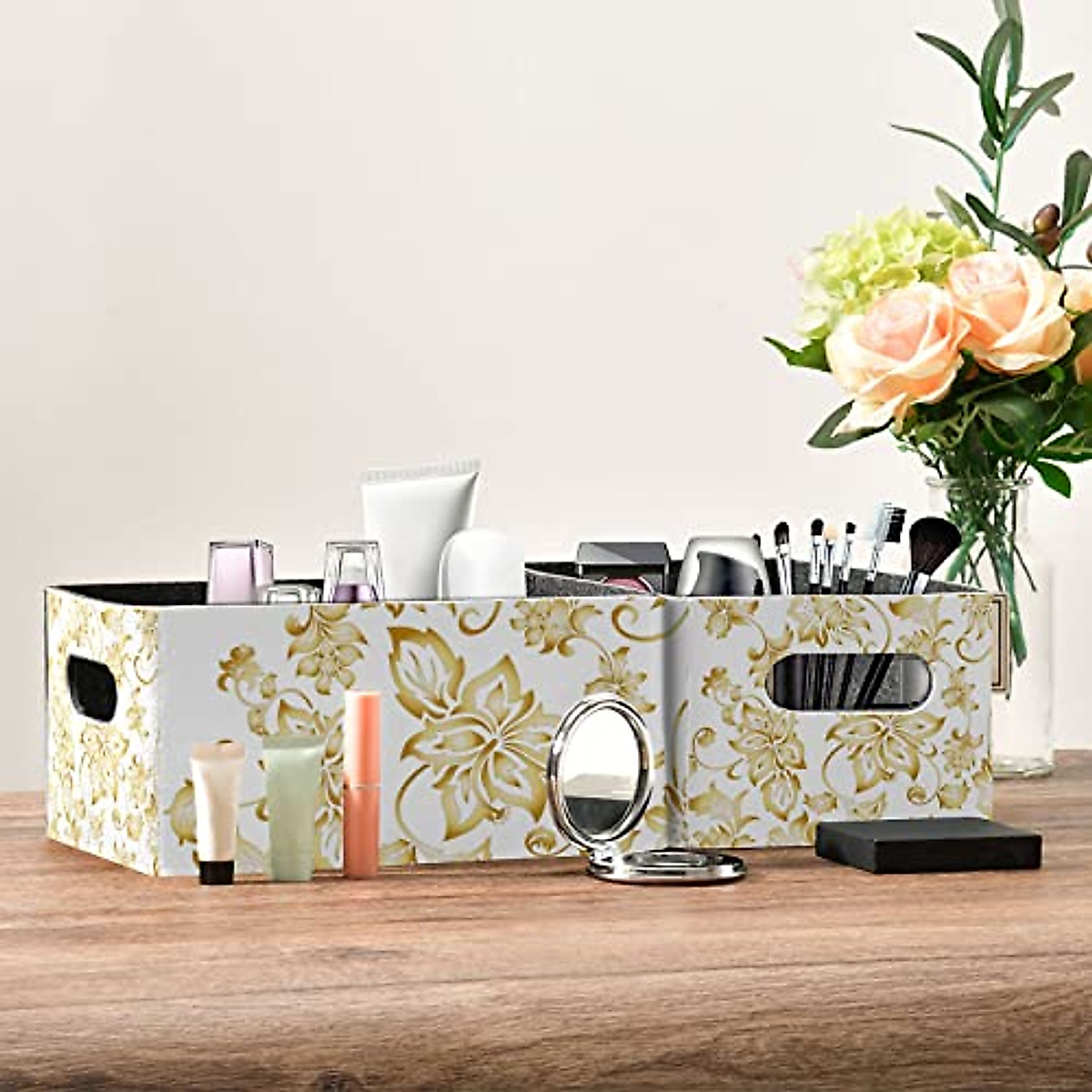 Kcldeci Gold Flowery Pattern Floral Foldable Storage Bin Basket Set [2-Pack] Fabric Collapsible Organizer Storage Cube Box For Home Office Closet