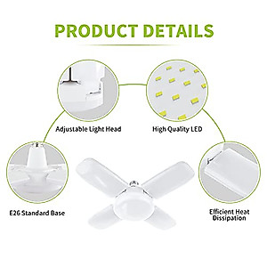 Pinegreen Lighting LED Garage Light, Energy Efficient 65W Deformable 6000LM Bright Daylight 6500K 4 Adjustable Panels Shop Light 6000 Lumen for Garage Laundry Basement E26 (2 Pack)