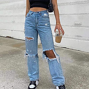 Fujiuia Pocket Jeans Waist Denim Elastic Hole Women Loose Trousers Button High Pants Pants Cute Jean Dress for Women